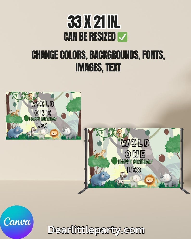 Safari Birthday Backdrop: Jungle Animals, Wild One Party (canva ...