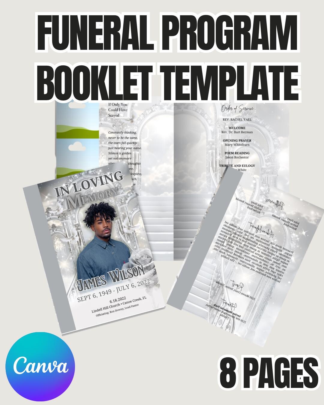 Silver Funeral Program Template for Canva - 8-page Obituary Booklet ...