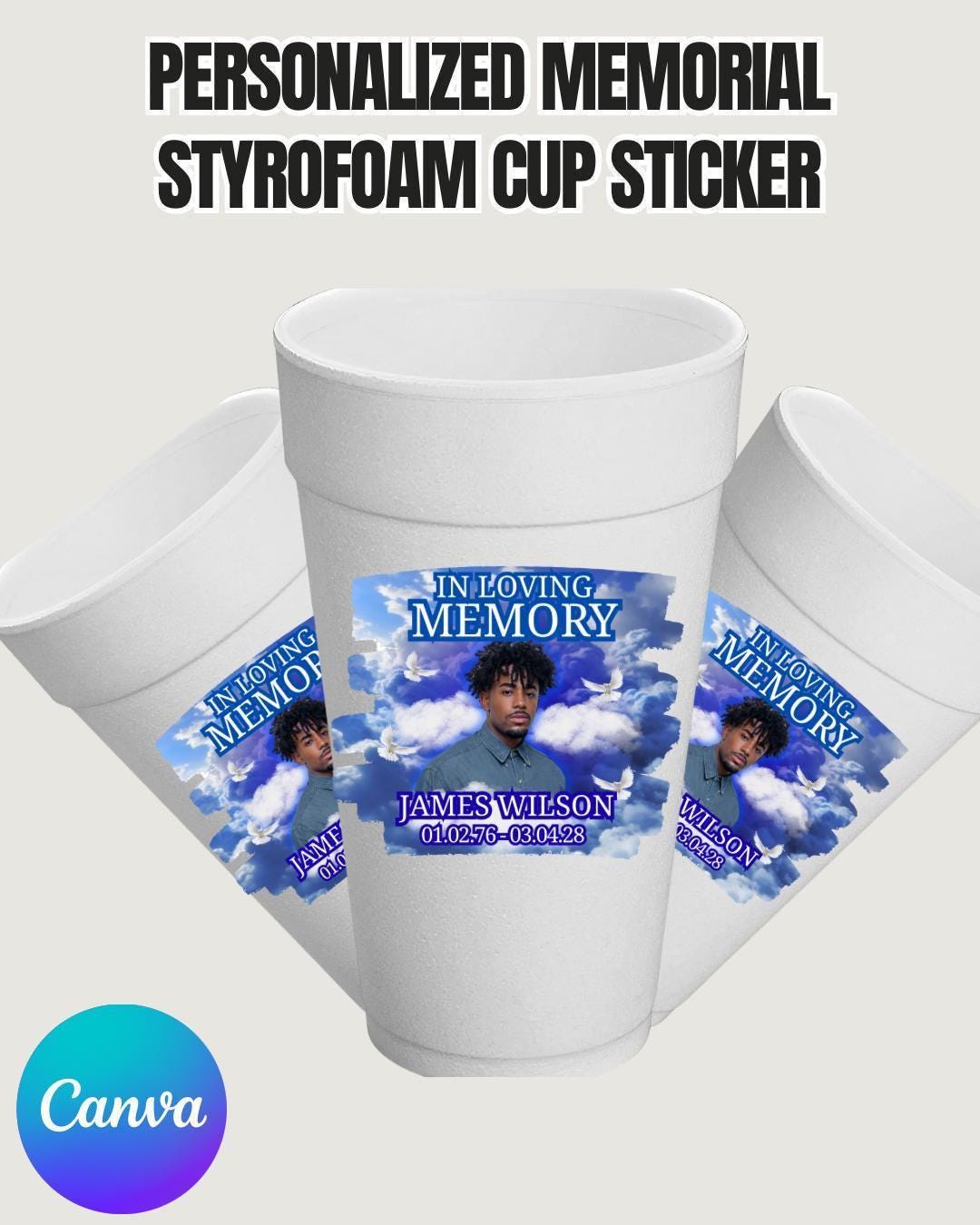 Blue Funeral Cup Sticker Template - in Loving Memory Drink Label Canva ...