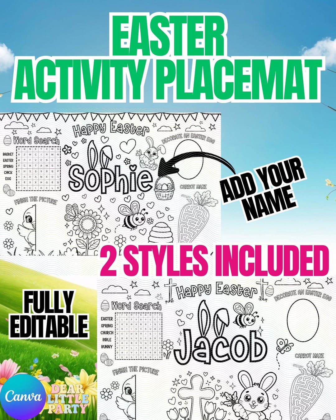 Easter Activity Placemat, Editable Kids Coloring Page (digital Download ...