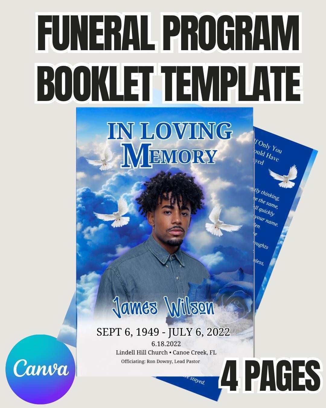 Blue Funeral Program Template: 4-page Memorial Service Booklet (canva ...