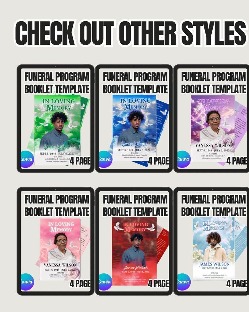 Blue Funeral Program Template for Canva - 4-page Obituary Booklet - Memorial Service Program ...