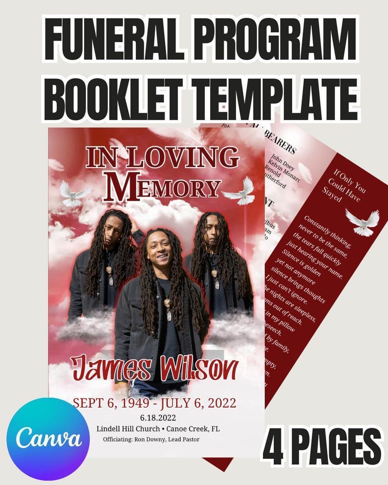 Red Funeral Program Template for Canva - 4-page Memorial Booklet - Etsy