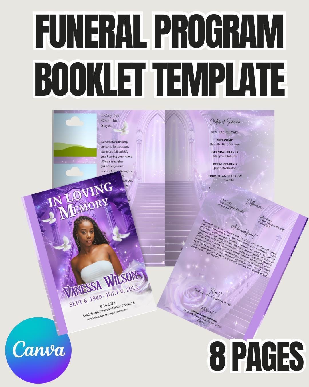 Purple Obituary Program Template - 8 Page Editable Memorial Brochure - Etsy