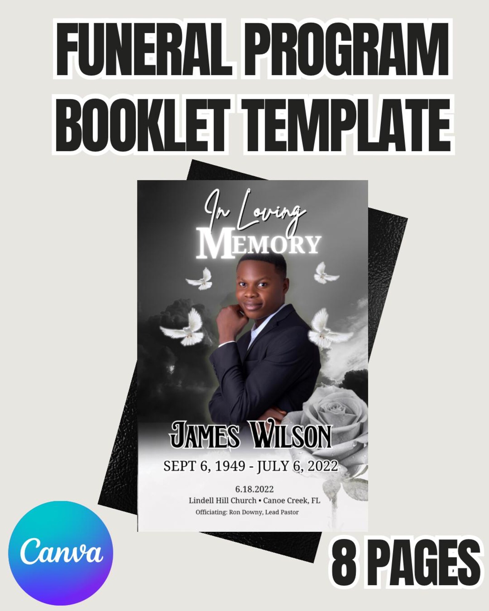 Black Funeral Program Template for Canva - 8-page Obituary Booklet ...