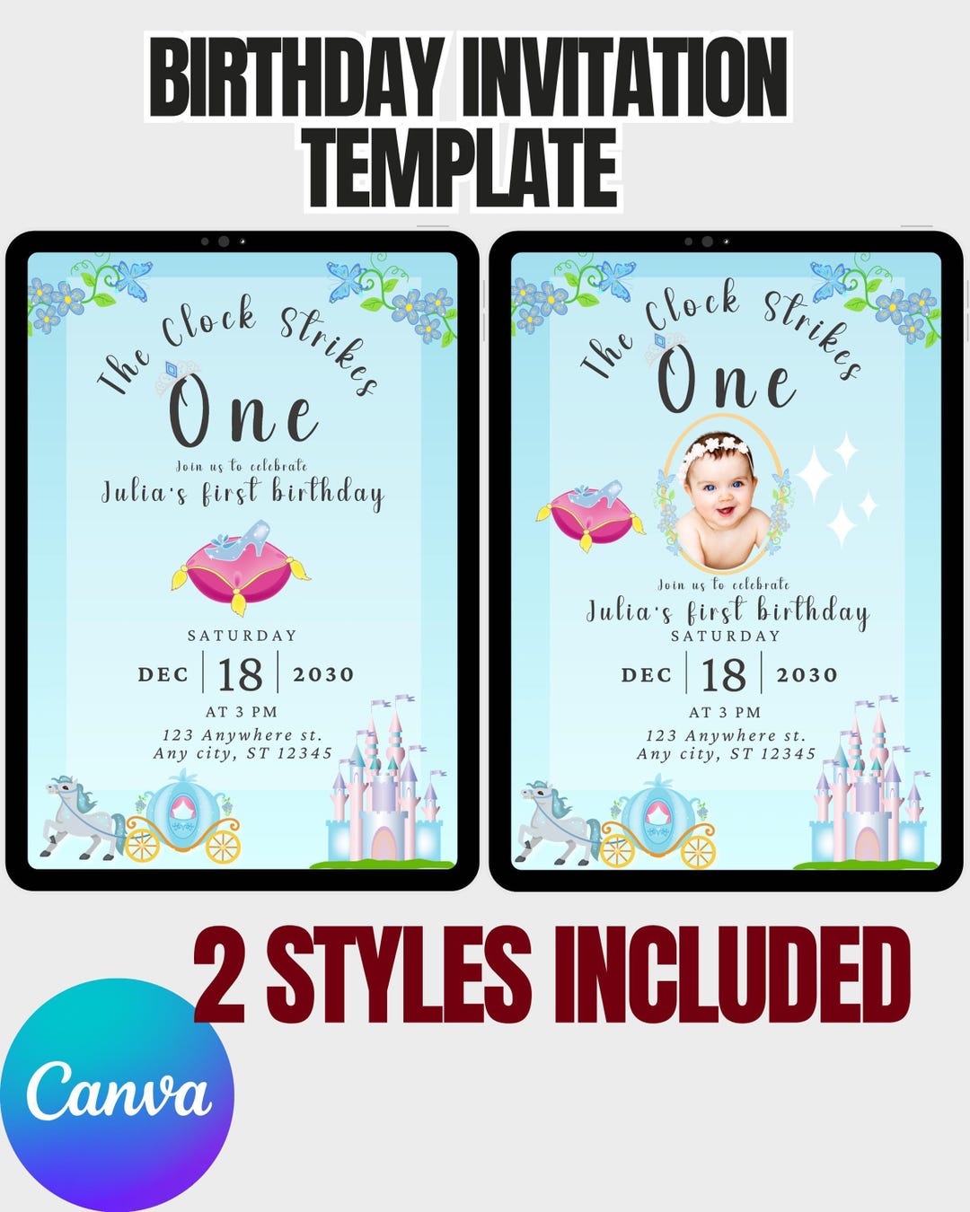 Princess First Birthday Invitation Template: Blue Fairytale Theme ...
