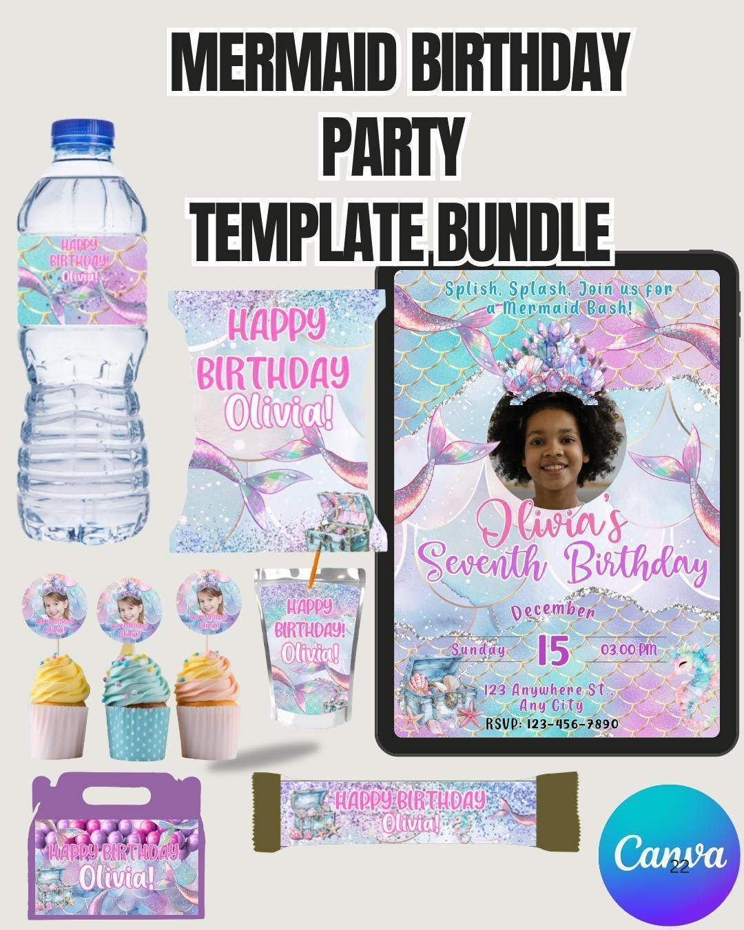 Mermaid Party Favor Bundle - Editable Canva Templates - Etsy