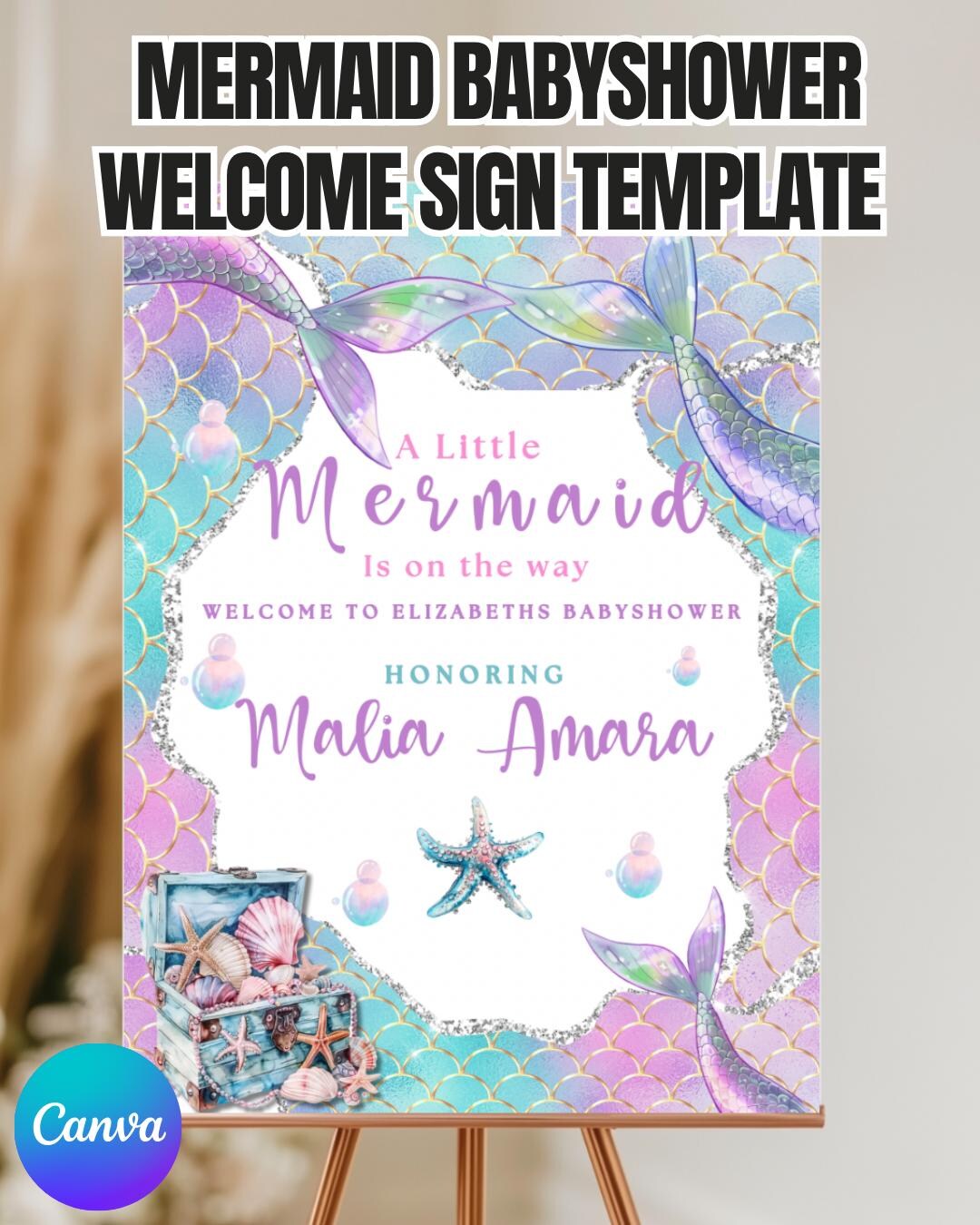 Mermaid Baby Shower Welcome Sign – Editable Digital Template – 18x24 ...