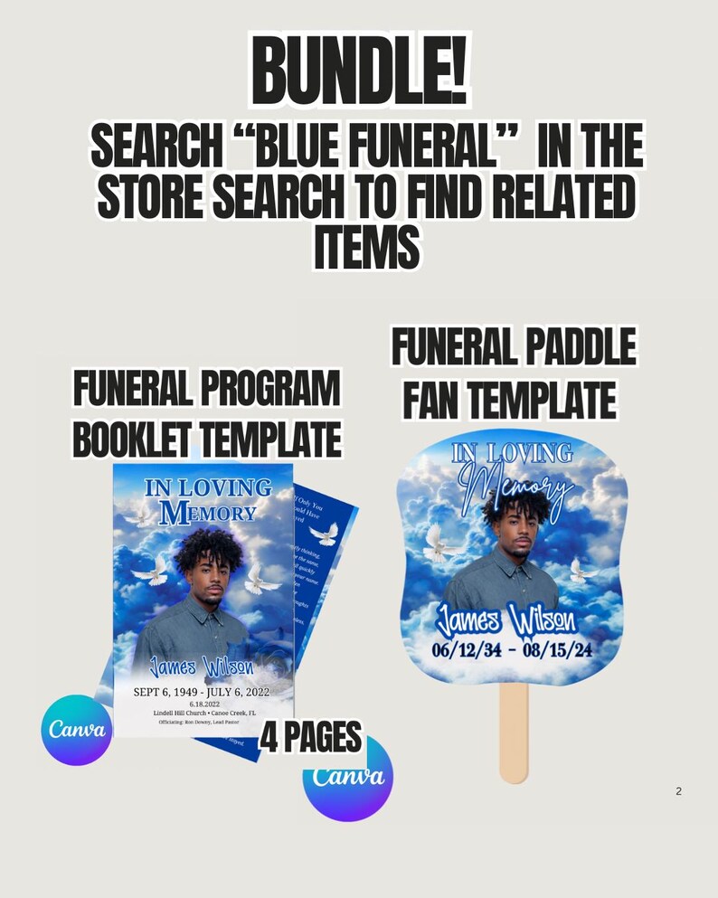 Blue Funeral Paddle Fan Template Canva | Memorial Fan Template With ...