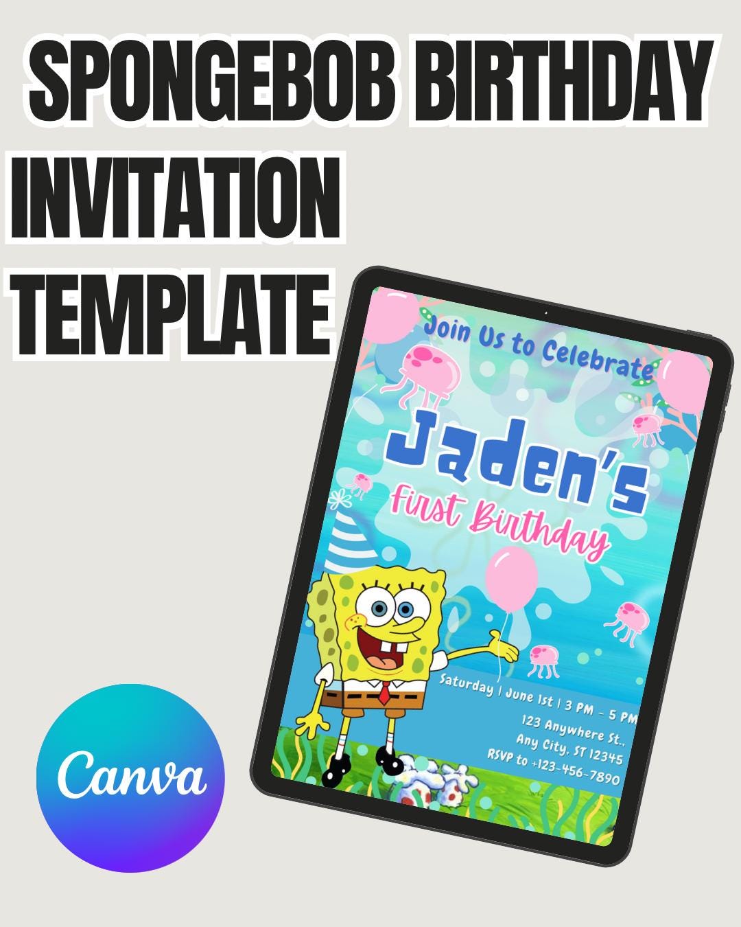 Spongebob Birthday Invitation Template | Editable Canva First Birthday ...