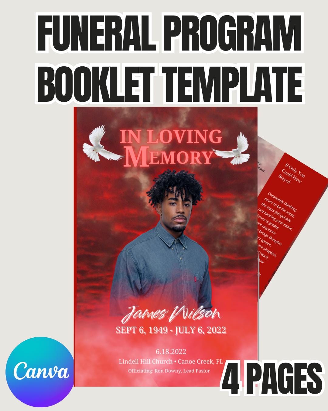 Red Funeral Program Template for Canva - 4-page Obituary Booklet - Bold ...
