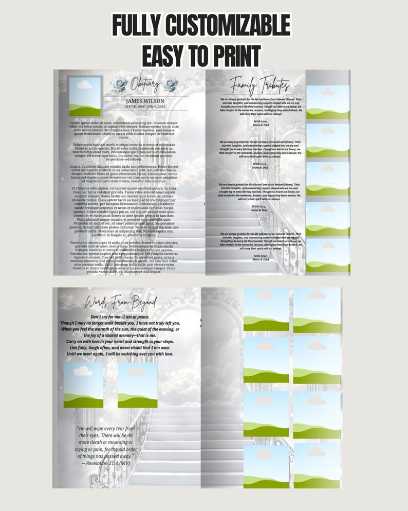Silver Funeral Program Template for Canva - 8-page Obituary Booklet ...