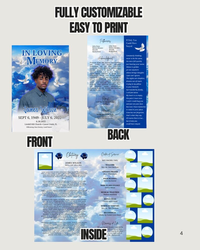 Blue Funeral Program Template for Canva - 4-page Obituary Booklet - Bold Memorial Service ...