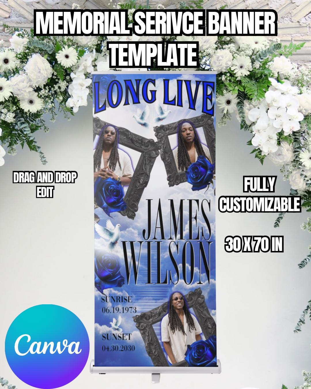 Blue Funeral Banner Template - Printable Funeral Decor Canva - Etsy