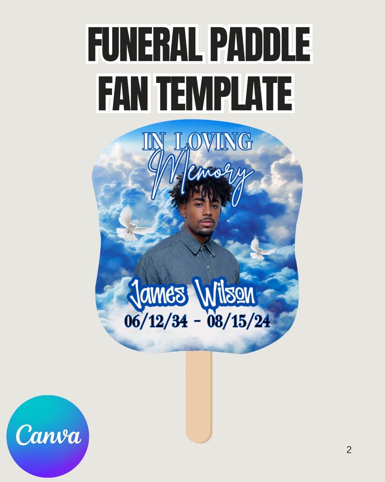 Blue Funeral Paddle Fan Template Canva | Memorial Fan Template With ...