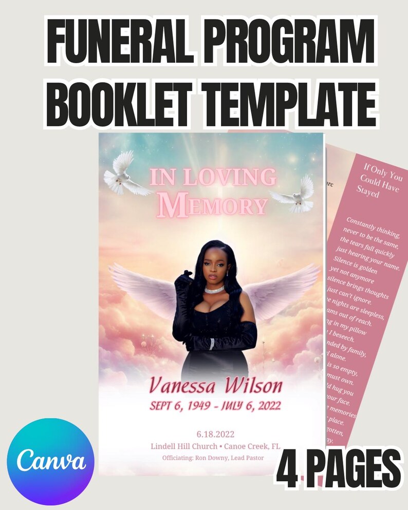 Elegant Funeral Program Template for Canva - 4-page Angel Wings Memorial Booklet - Editable ...