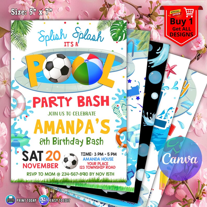Editable Soccer Pool Party Invitation, Sports Summer Pool Party, Sports ...