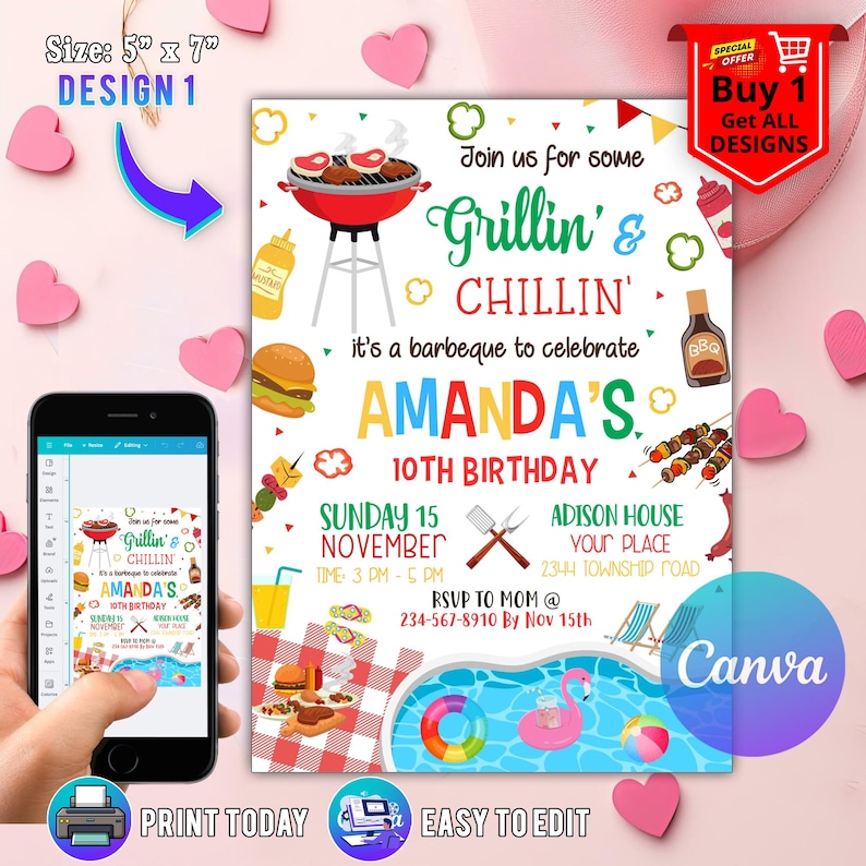 Editable Pool Party and BBQ Invitation, Summer Party Invite, Pool Party ...