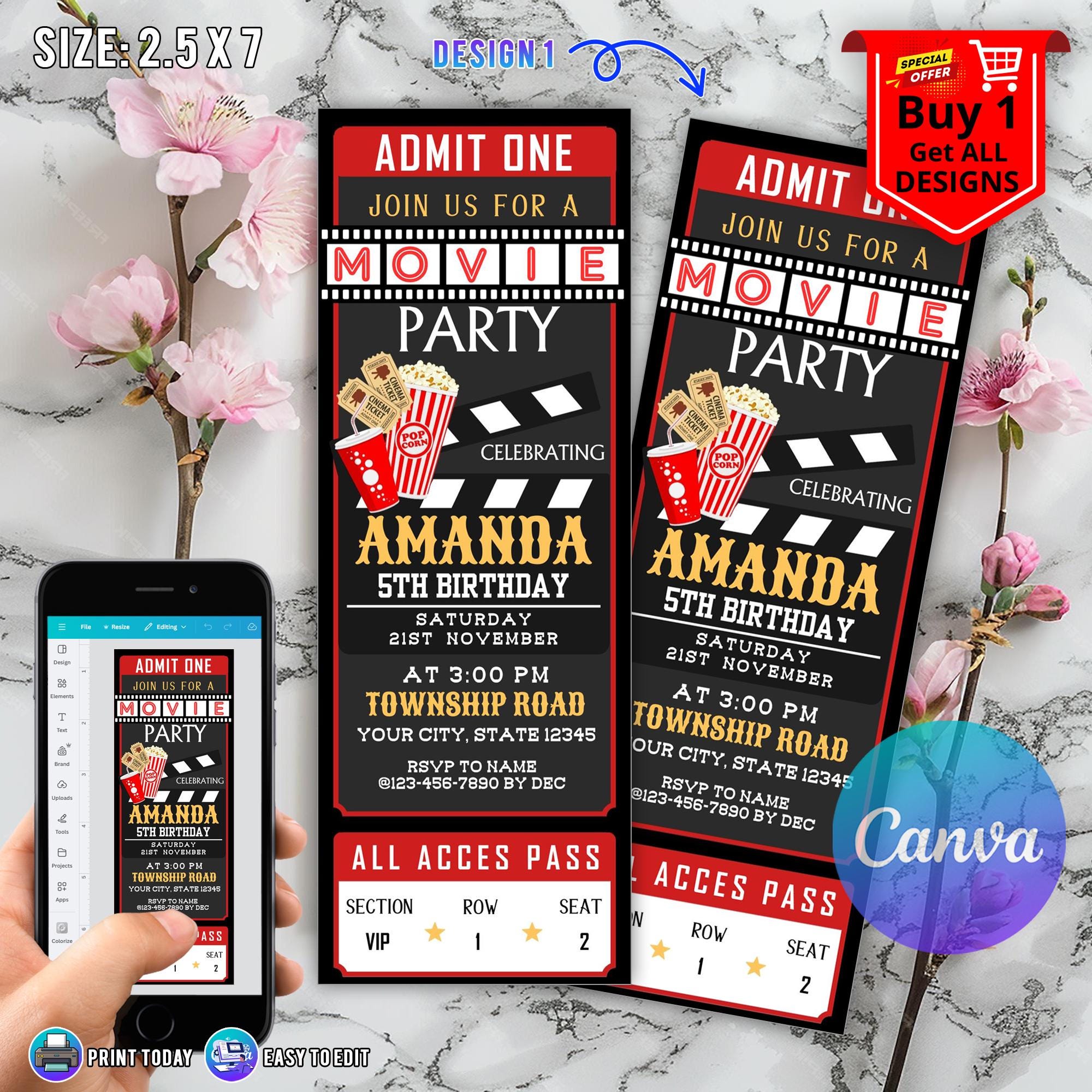 Editable Movie Ticket Invitation, Movie Party Birthday Invitation ...
