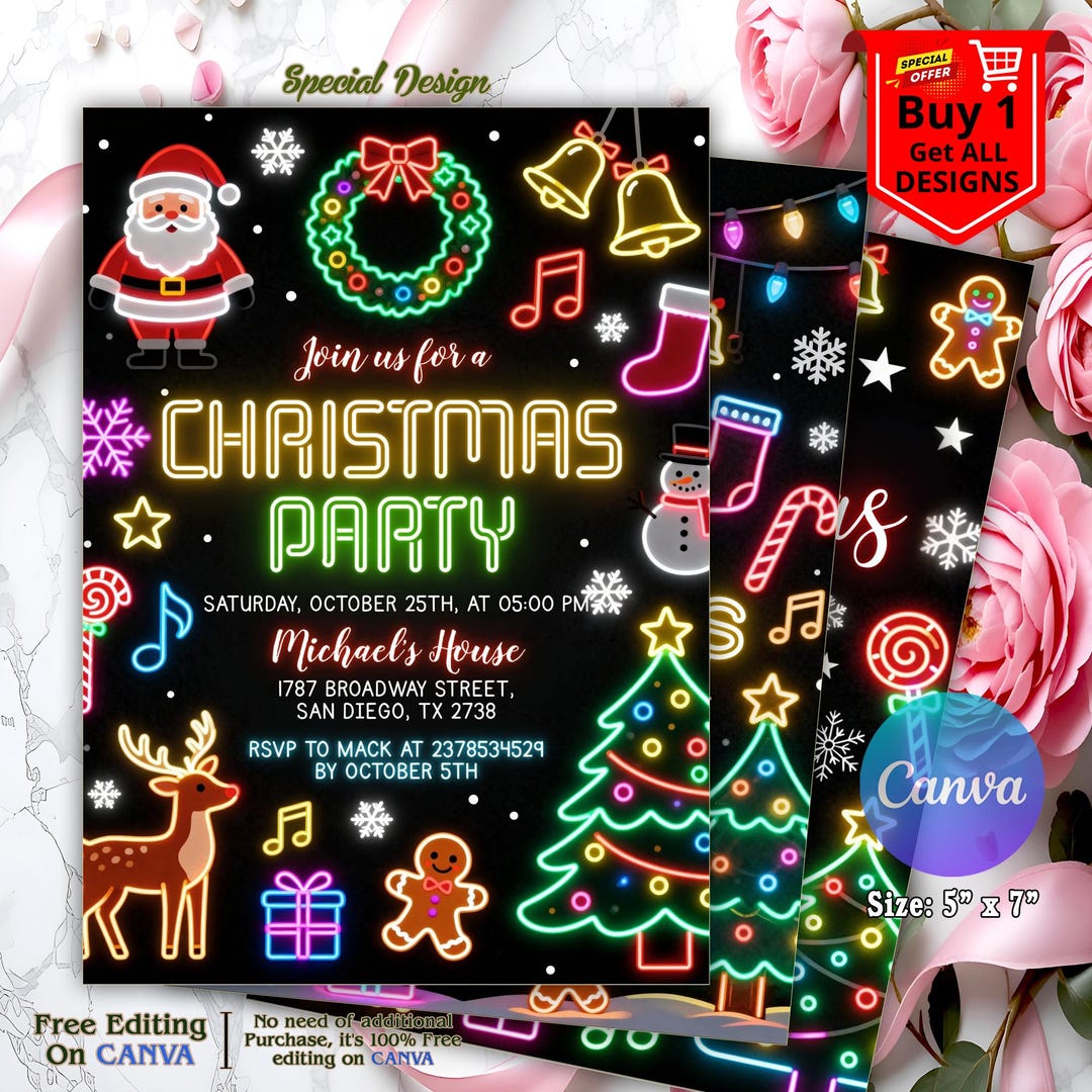 Neon Christmas Party Invitation, Neon Glow Christmas Party Invite, Xmas ...