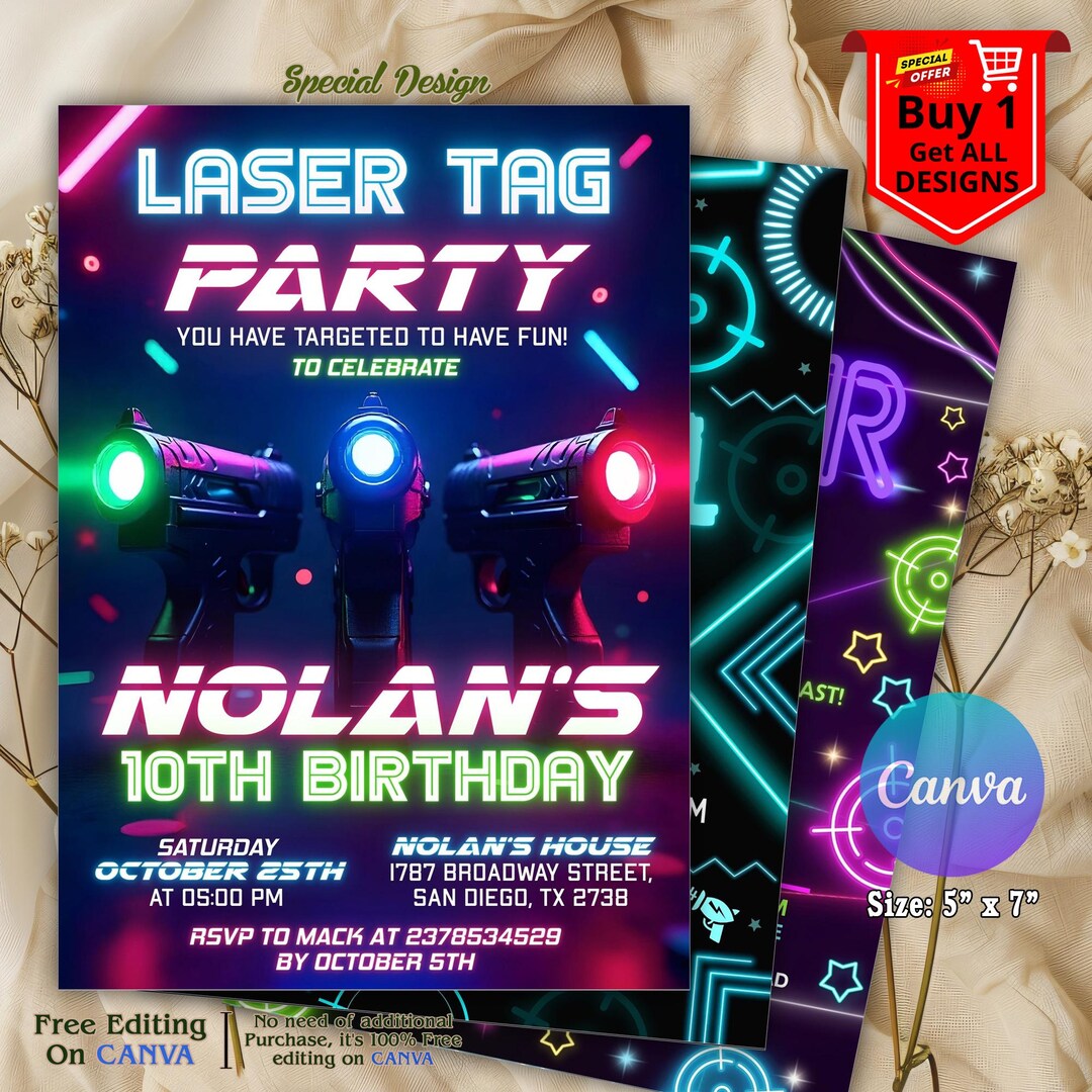 Editable Laser Tag Birthday Invitation, Laser Tag Party Invite Template ...