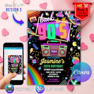 Editable 90s Birthday Party Invitation Back to the 90s Neon Retro ...