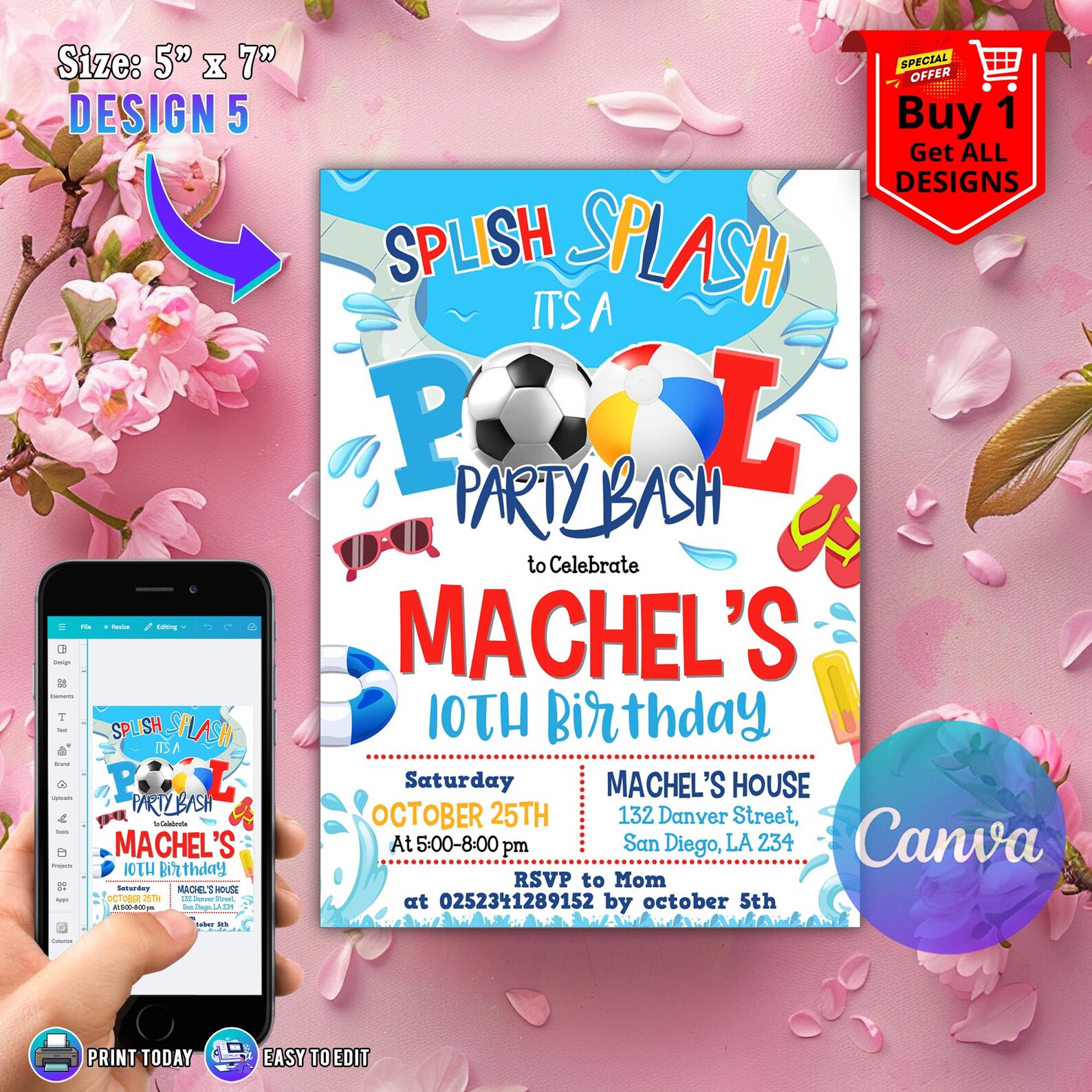 Editable Soccer Pool Party Invitation, Sports Summer Pool Party, Sports ...
