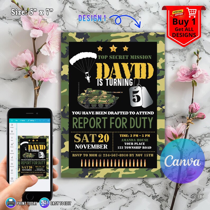 Editable Army Birthday Invitation, Military Party Invitation, Soldier ...