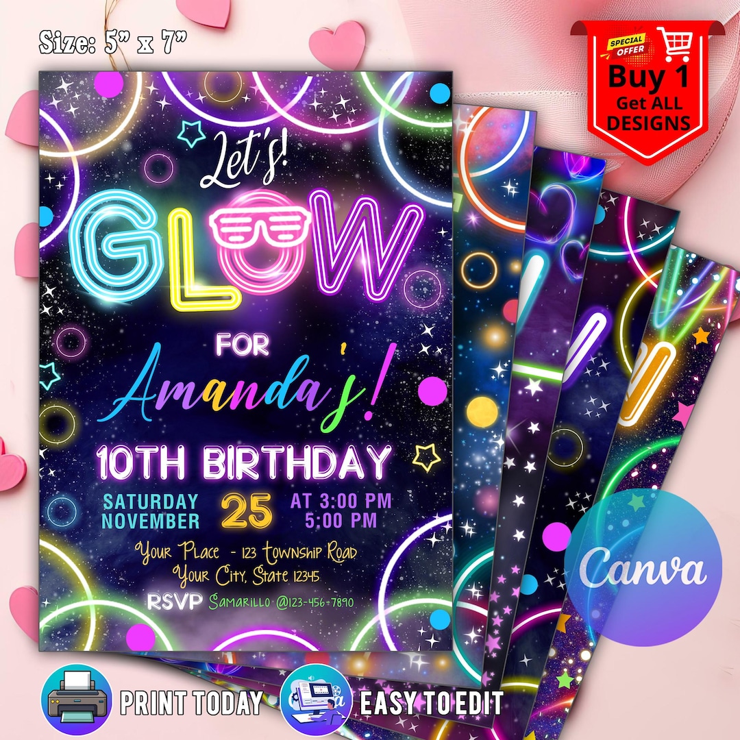 Editable Glow Invitation, Glow Crazy Birthday Invitation, Neon Glow ...