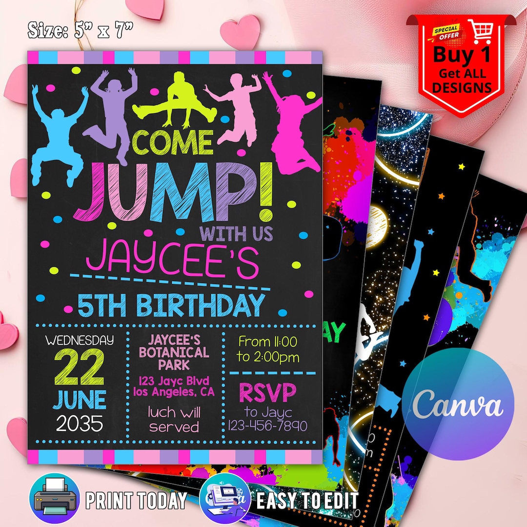 Trampoline Park Party Birthday Invitation, Jump Party Invitation ...