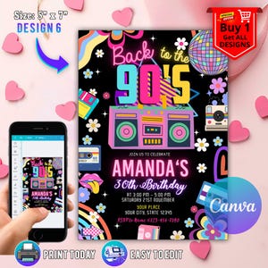 Editable 90s Birthday Party Invitation Back to the 90s Neon Retro ...