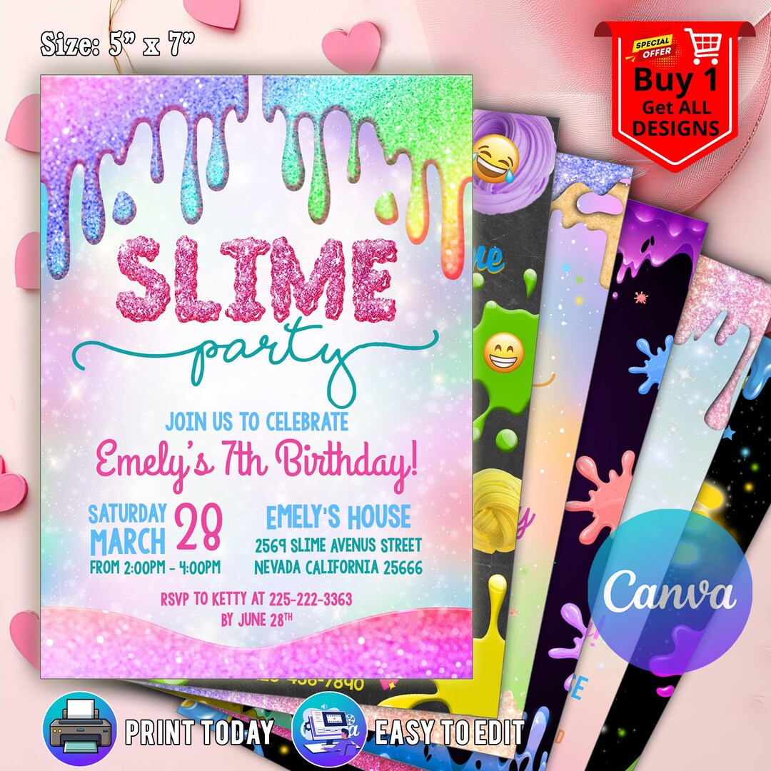 Slime Birthday Invitation, EDITABLE Neon Glow Slime Party Invite ...