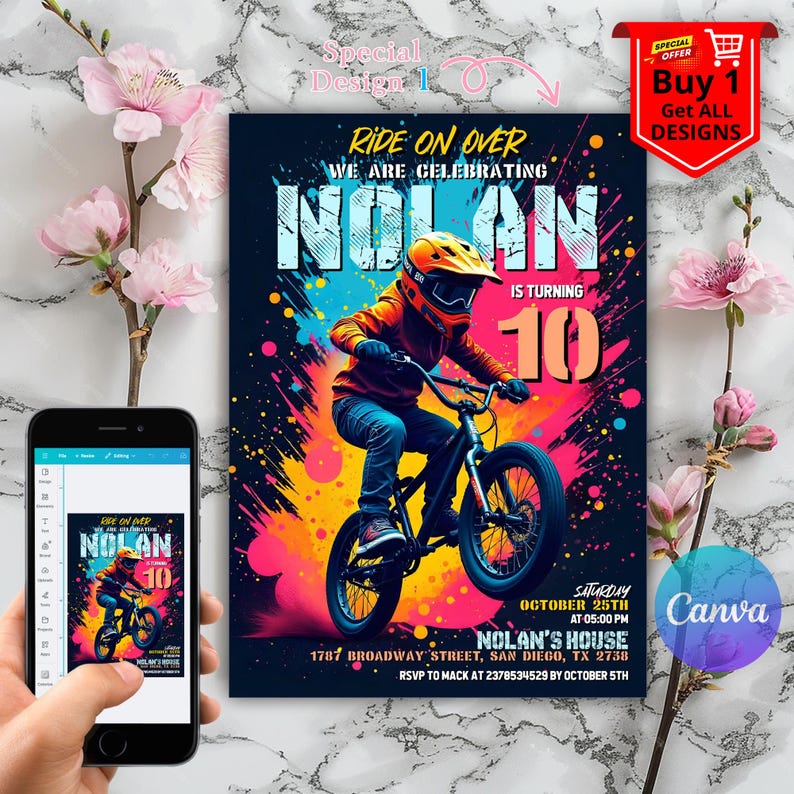 BMX Bike Birthday Invitation Template - Editable Canva BMX Party Invite ...