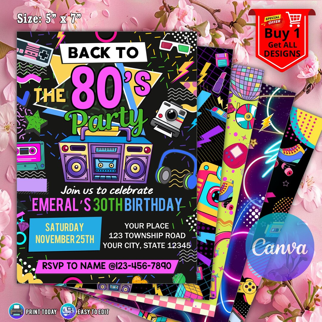 Editable 80s Birthday Party Invitation, Back to the 80s, Neon Party ...