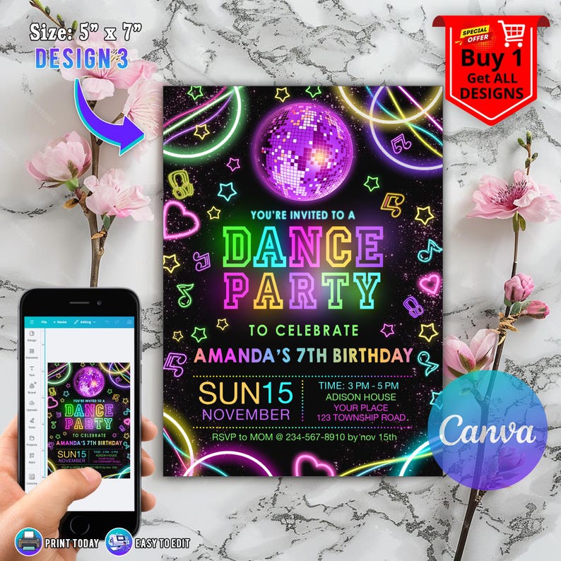 Editable Dance Party Birthday Invitation, Glow Dance Party Invites, Tie ...