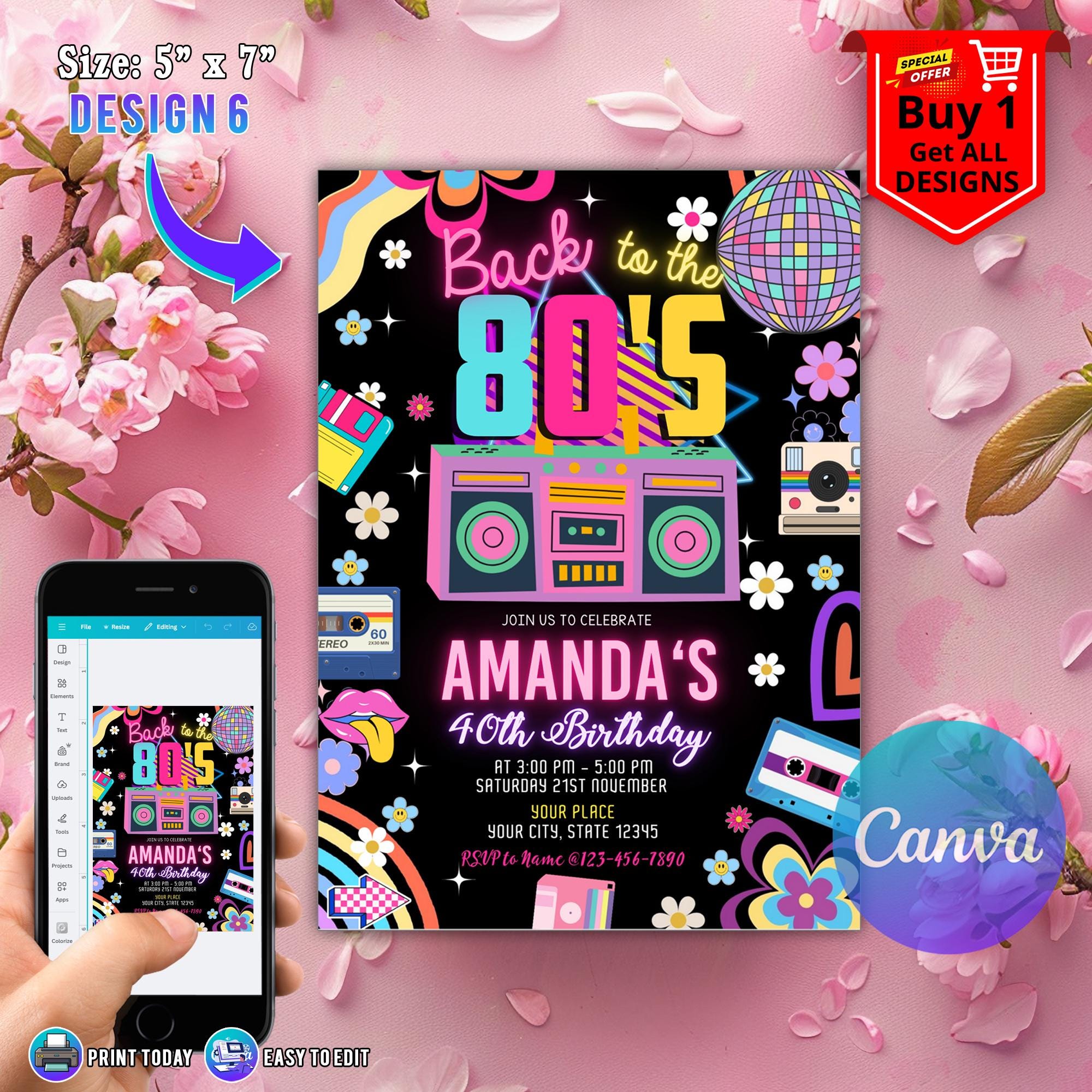 Editable 80s Birthday Party Invitation, Back to the 80s, Neon Party ...