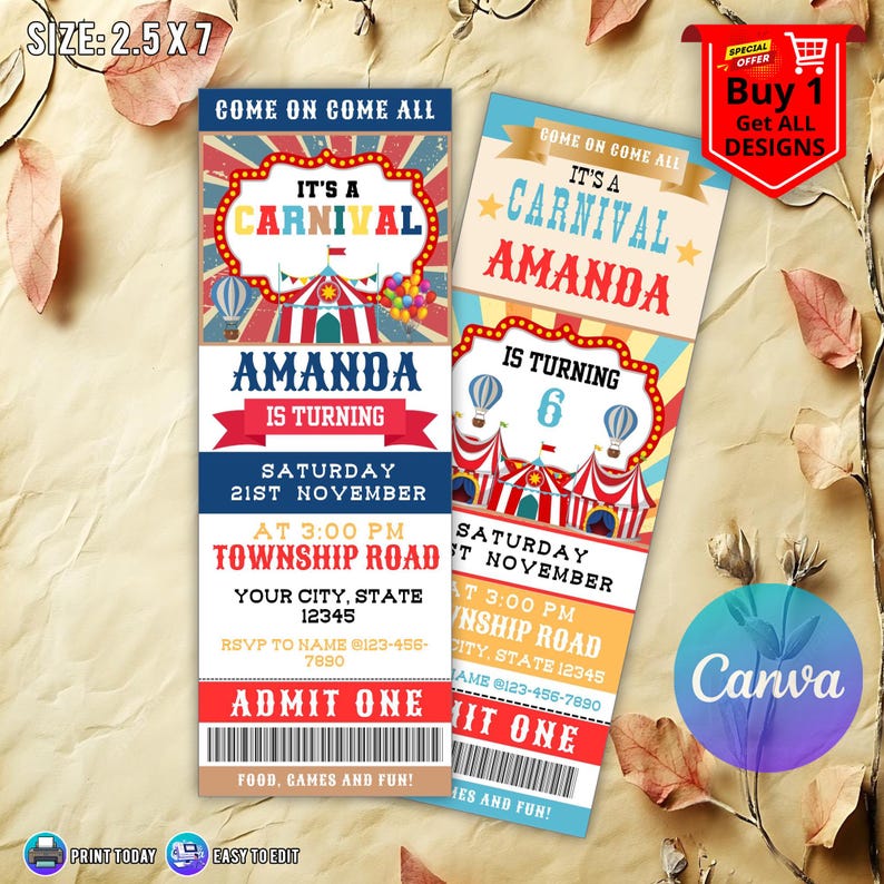 Editable Carnival Birthday Invitation, Carnival Ticket Party Invitation ...