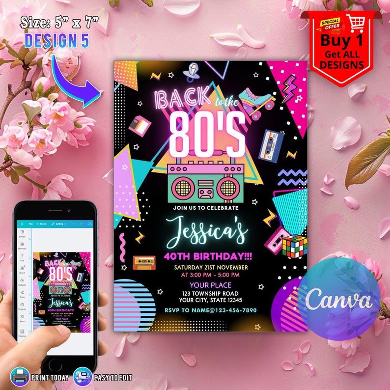 Editable 80s Birthday Party Invitation, Back to the 80s, Neon Party Glow Dance Disco 2000s ...