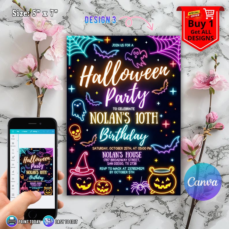 Editable Neon Halloween Birthday Invitation, Halloween Invitation Kids ...