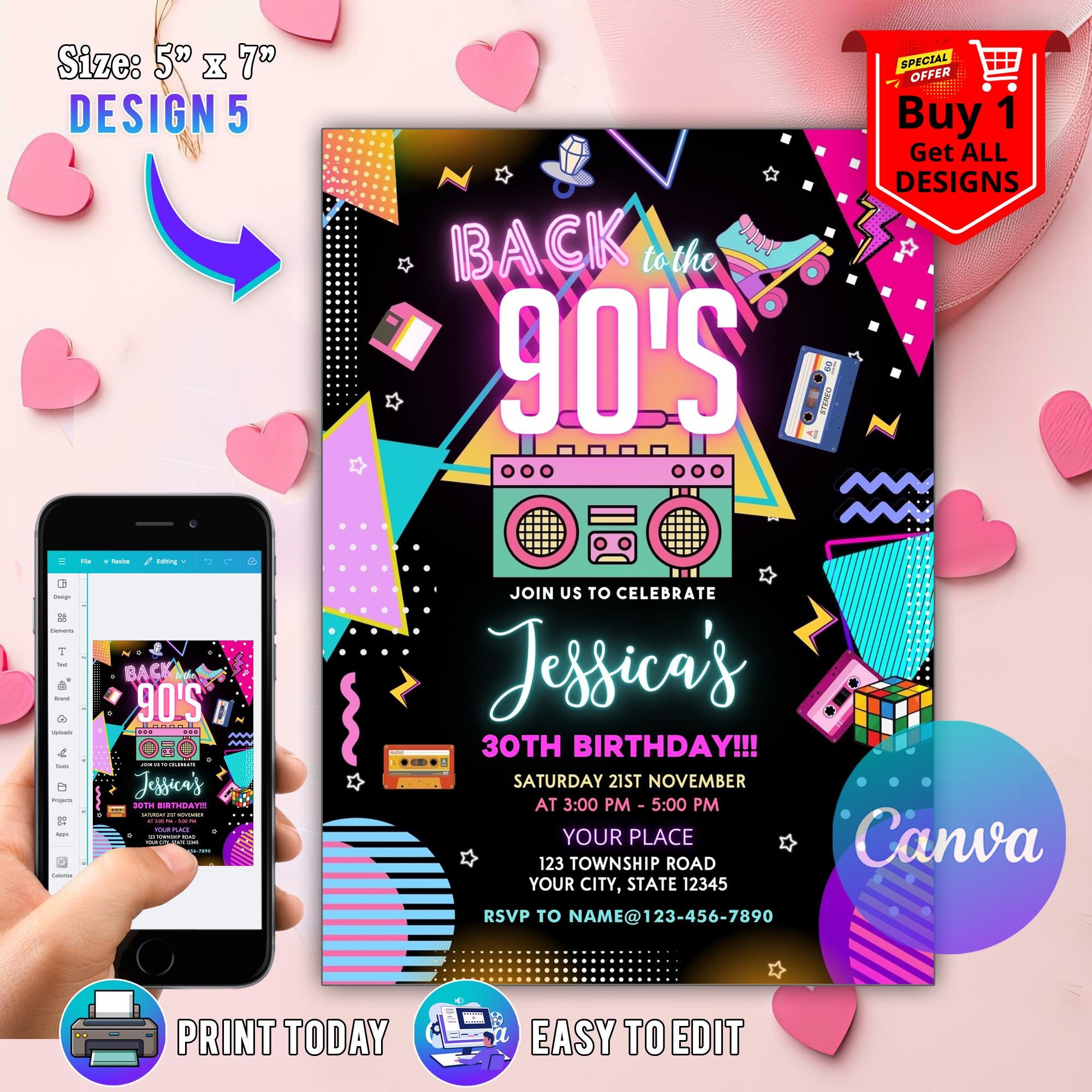 Editable 90s Birthday Party Invitation Back to the 90s Neon Retro ...