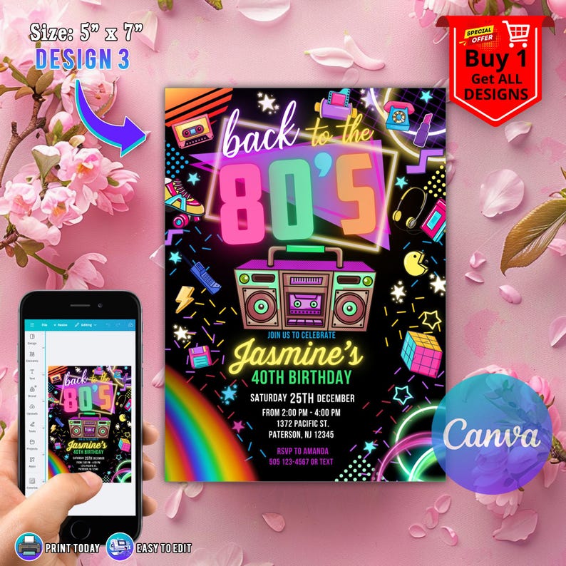 Editable 80s Birthday Party Invitation, Back to the 80s, Neon Party Glow Dance Disco 2000s ...