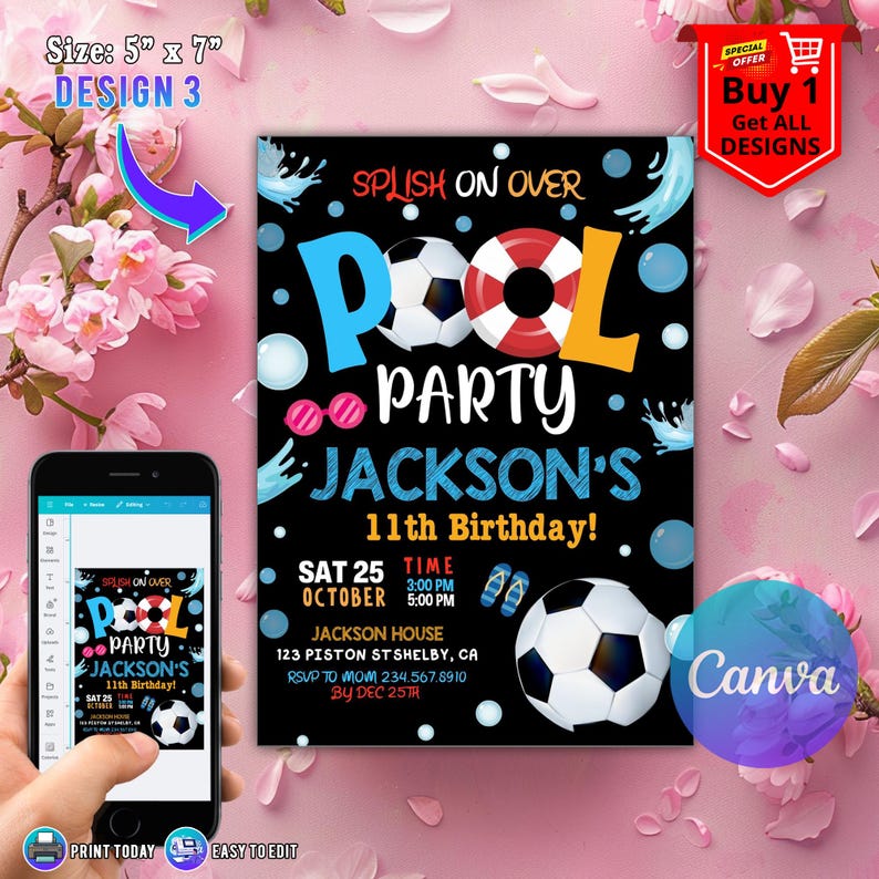 Editable Soccer Pool Party Invitation, Sports Summer Pool Party, Sports ...