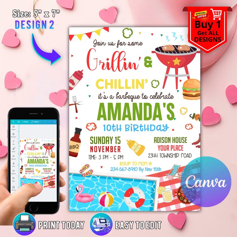 Editable Pool Party and BBQ Invitation, Summer Party Invite, Pool Party ...