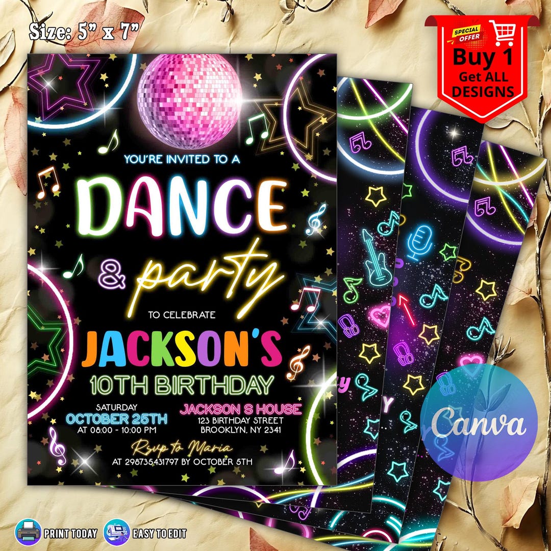 Editable Dance Party Birthday Invitation, Glow Dance Party Invites, Tie ...