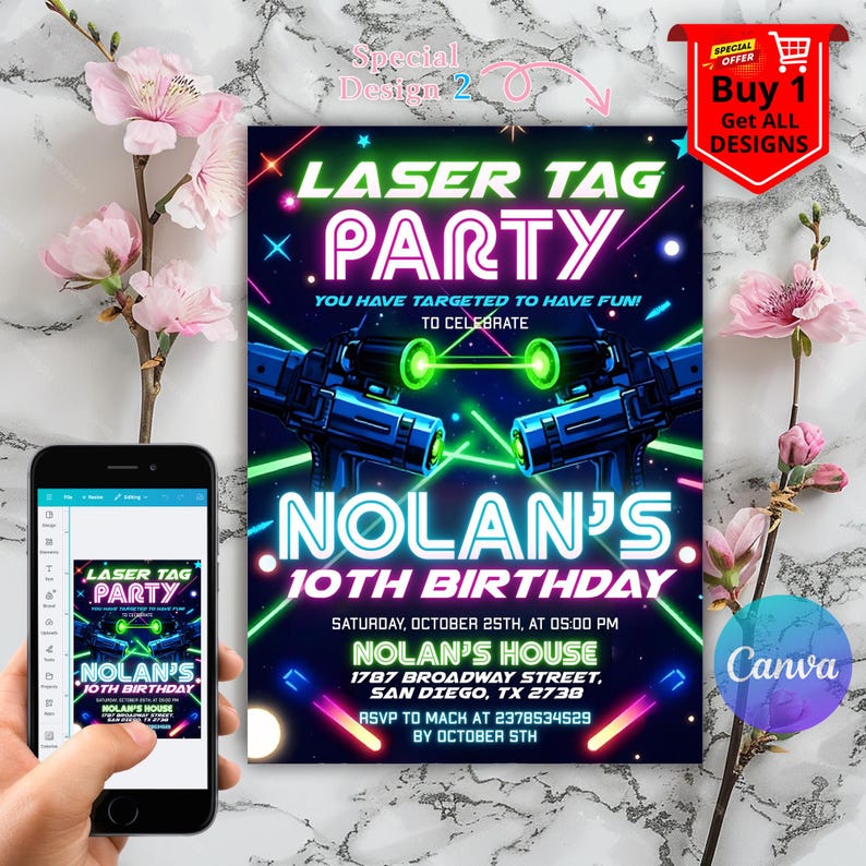 Editable Laser Tag Birthday Invitation, Laser Tag Party Invite Template ...