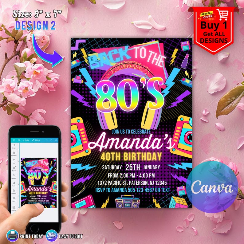 Editable 80s Birthday Party Invitation, Back to the 80s, Neon Party Glow Dance Disco 2000s ...