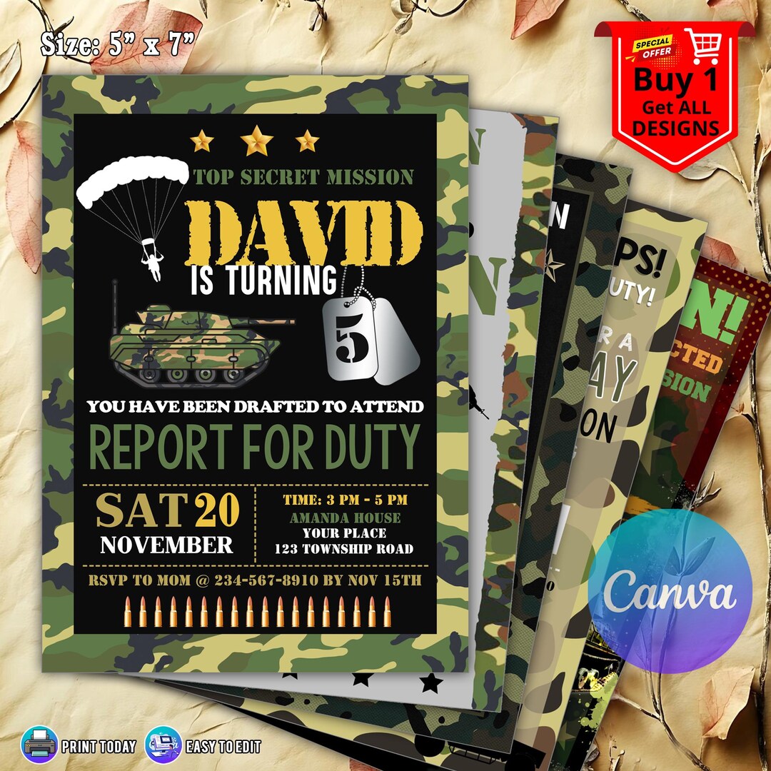Editable Army Birthday Invitation, Military Party Invitation, Soldier ...