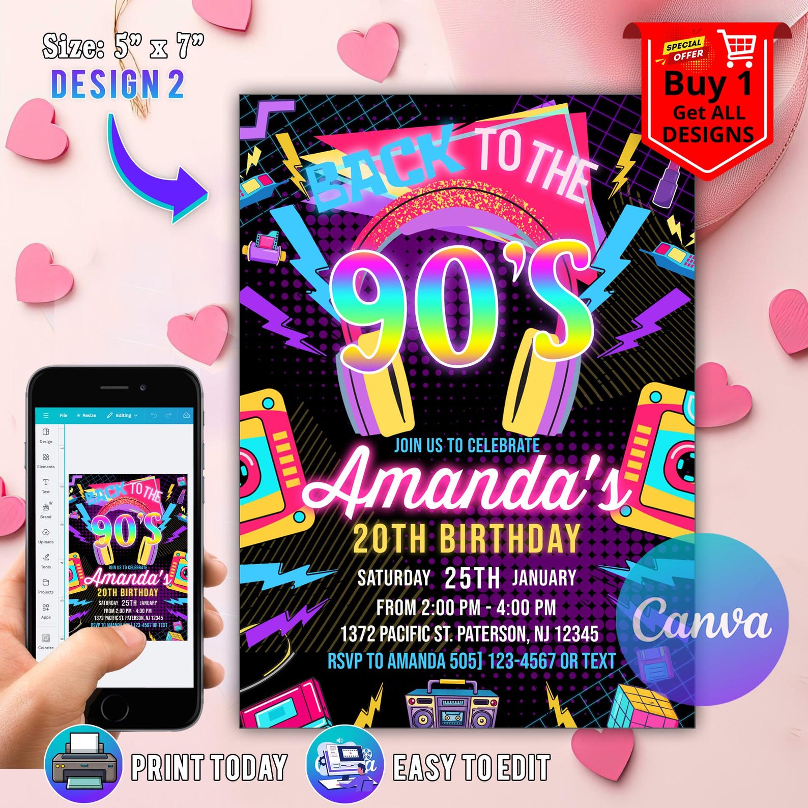 Editable 90s Birthday Party Invitation Back to the 90s Neon Retro ...