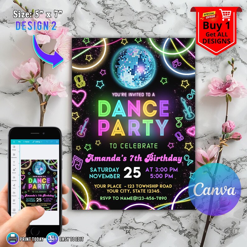 Editable Dance Party Birthday Invitation, Glow Dance Party Invites, Tie ...