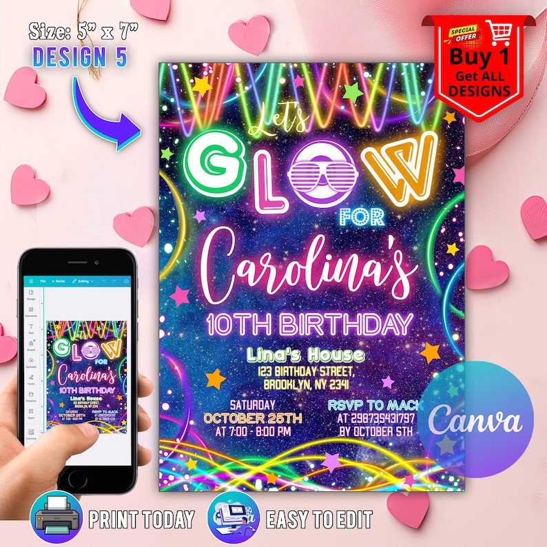 Editable Glow Invitation, Glow Crazy Birthday Invitation, Neon Glow ...